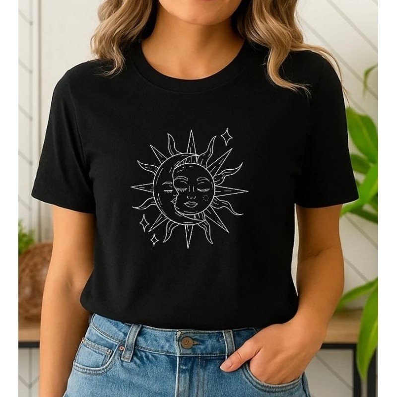 Blusa Feminina Algodão Estampa Sol e Lua Mística Tumblr Camisa Astrologia Fases Boho Cósmica ...
