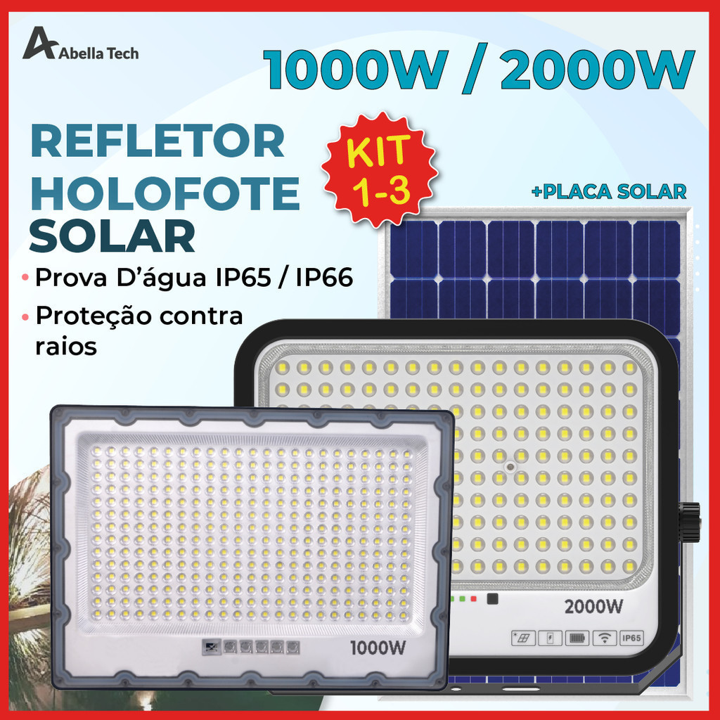 Kit 3 Holofote Solar Refletor Led 2000W ou 1000w Prova D'àgua C/placa ...