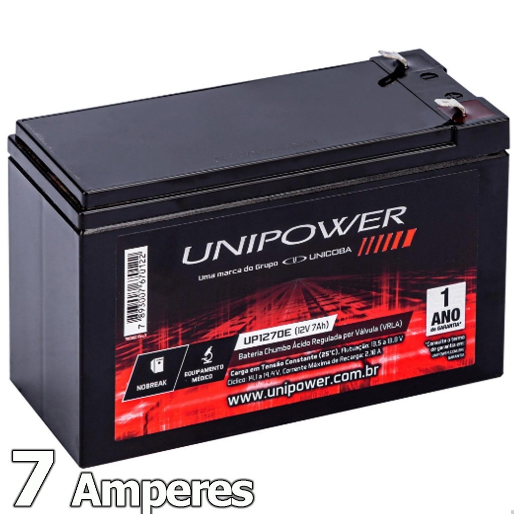 Bateria Estacionária 12V 7 Amperes VRLA UP1270E Unipower 7A Alarmes Luz ...
