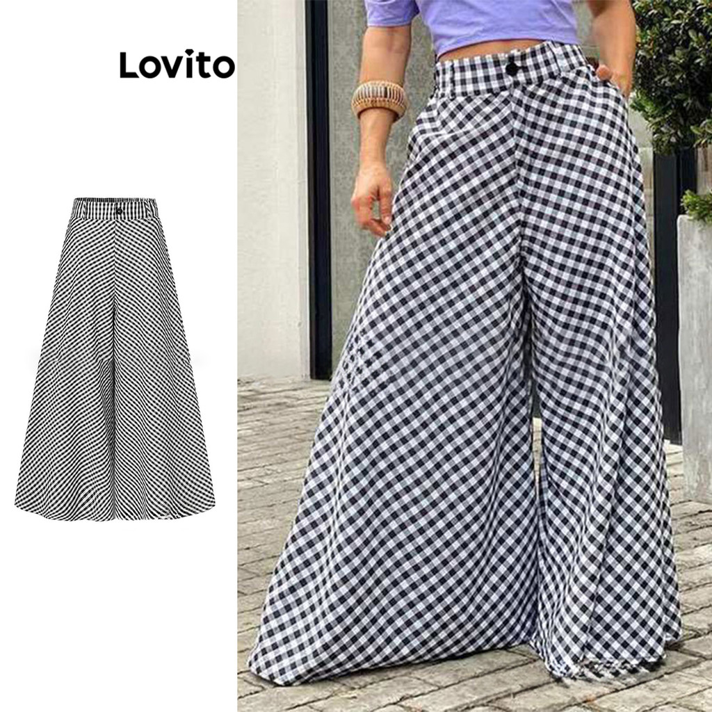 Lovito Calça casual xadrez colorblock com botão para mulheres LNL75137 ...