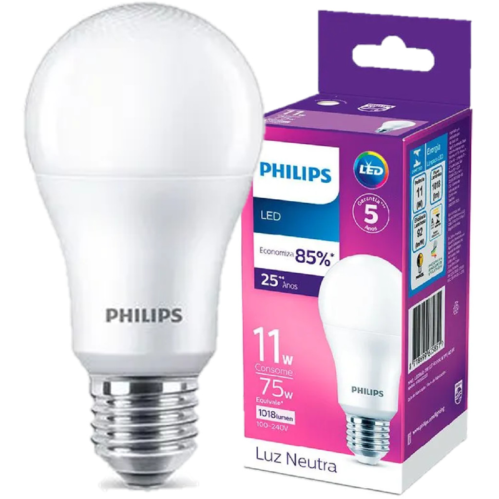 Kit 2 Lampada Led Bulbo Philips 11w Branco Neutro 4000K E27 100V - 240V | Shopee Brasil