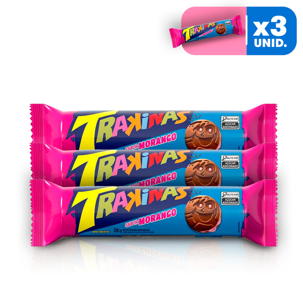 Kit Com 3 Biscoito Recheado Trakinas Carinhas Morango 126g | Shopee Brasil