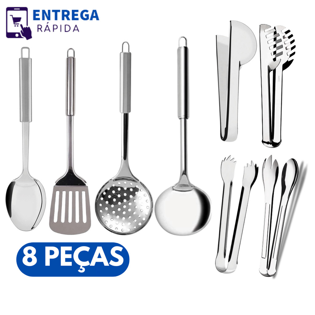 Kit 8 Utensílios Inox Escumadeira Concha Colher de Arroz Pegador de ...