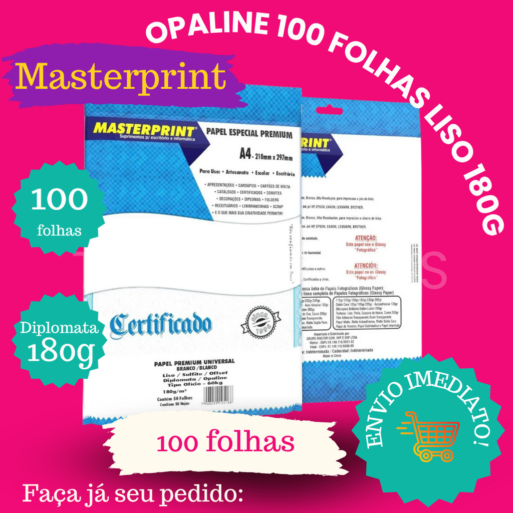Papel Offset Opaline Liso 180g 100 Folhas A4 Branco Diplomata Masterprint | Shopee Brasil