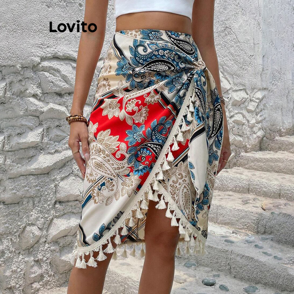 Lovito Saias Boho Ditsy com estampa floral assimétrica para mulheres ...