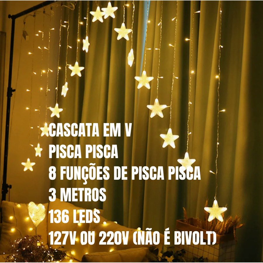 2X Pisca Pisca Cascata em V 136 Led Estrelas 8 Funções 3 Metro Branco ...