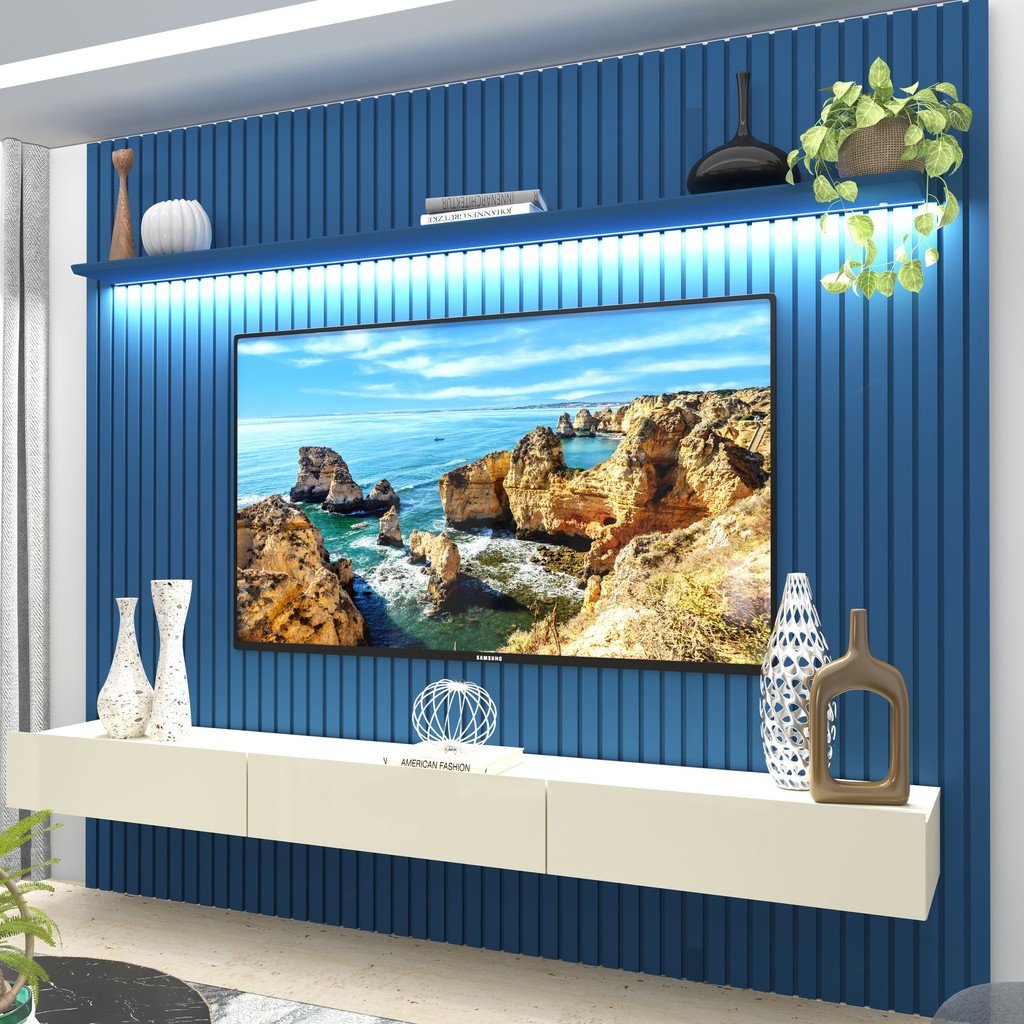Painel para TV até 90 Polegadas 229x250cm Ripado com LED 3 Gavetas 100% ...