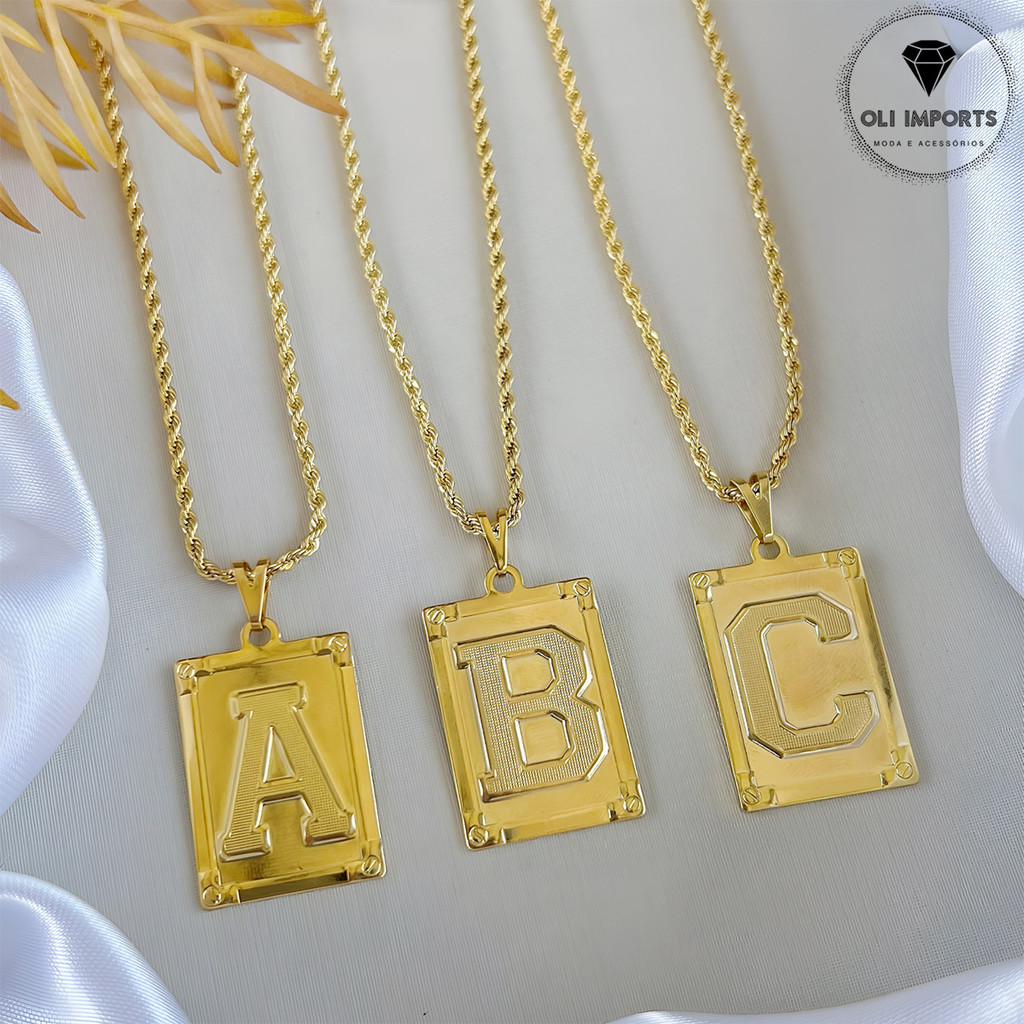 Colar Com Letra Inicial Pingente Placa Banhado A Ouro 18k Cordão Baiano ...