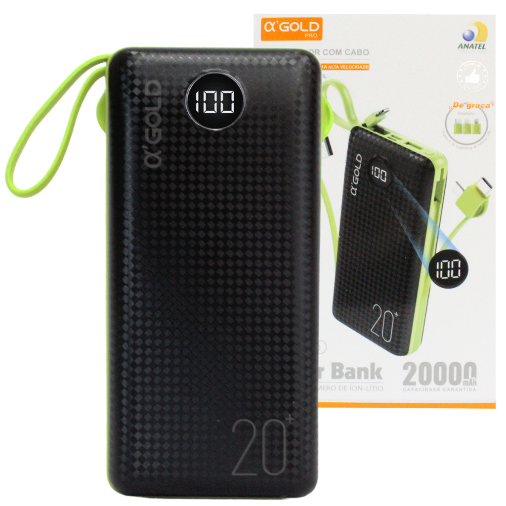 Carregador Portátil Power Bank Bateria Externa 20000mAh Universal Com Cabo V8 Lightning e Tipo C ...