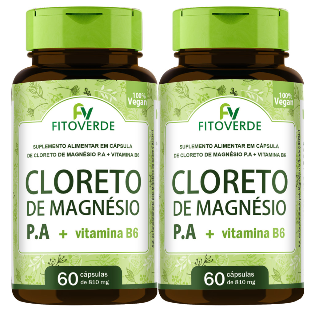 Kit 2 - Cloreto de Magnésio PA + Vitamina B6 810mg 60 Cápsulas cada ...