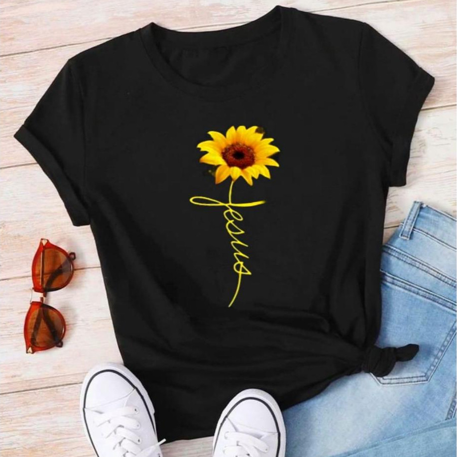 Camiseta Blusinha Girassol Jesus Preta De Moda Feminina R Distribuidora | Shopee Brasil