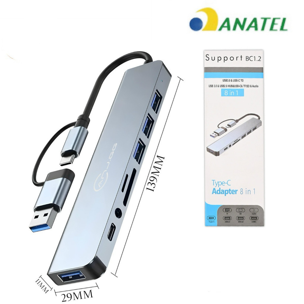 8 Em 1 USB Hub Expansor Dock Type C TF Leitor SD Áudio Compatível Com ...