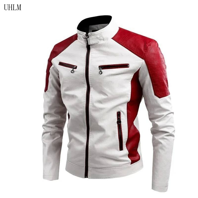 Jaqueta de Couro Casual Masculina para Motocicleta em Patchwork com ...