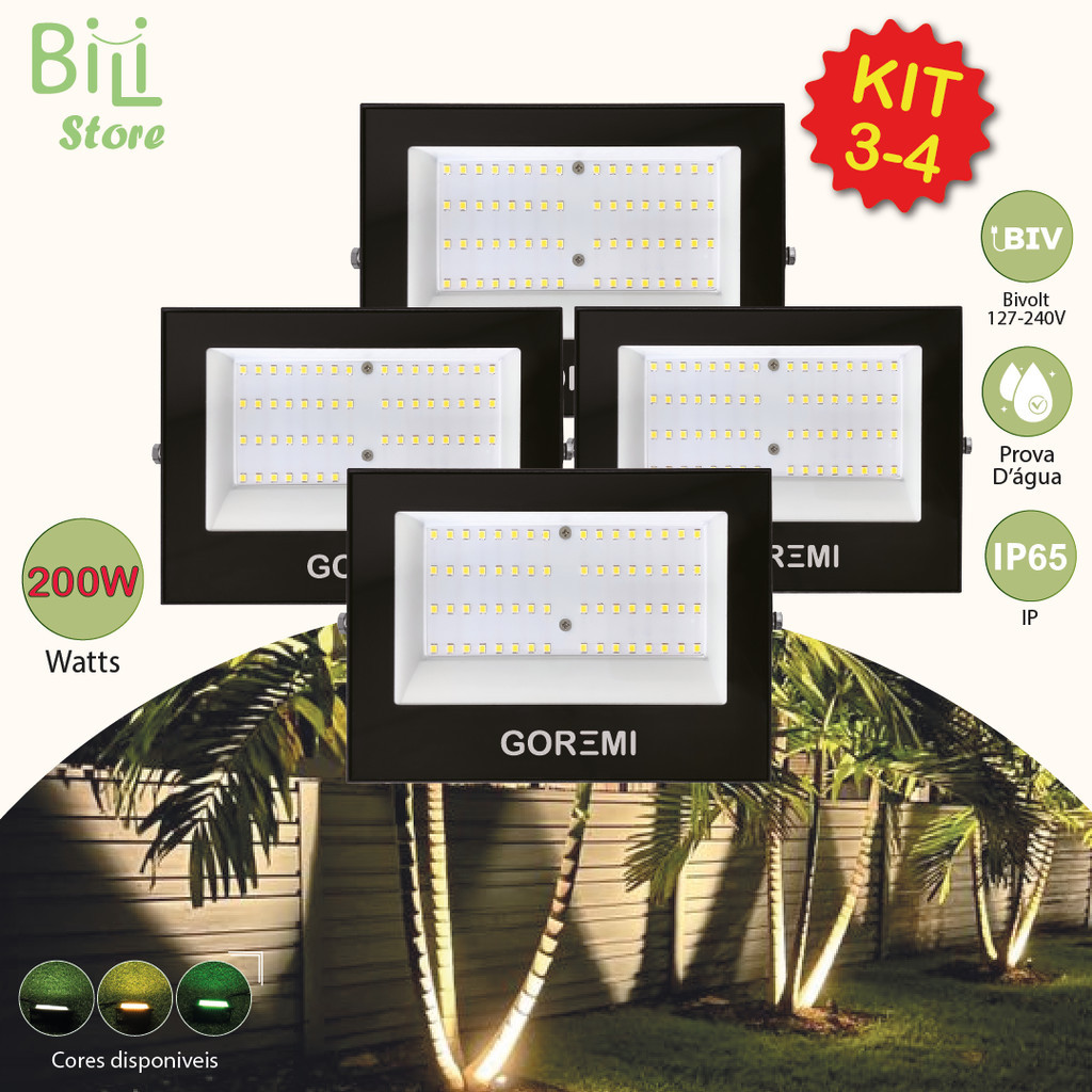Kit 4 Holofote Refletor Led ECO Pro 200W Branco Frio 6500K Branco Quente Verde| IP65 | Luz ...