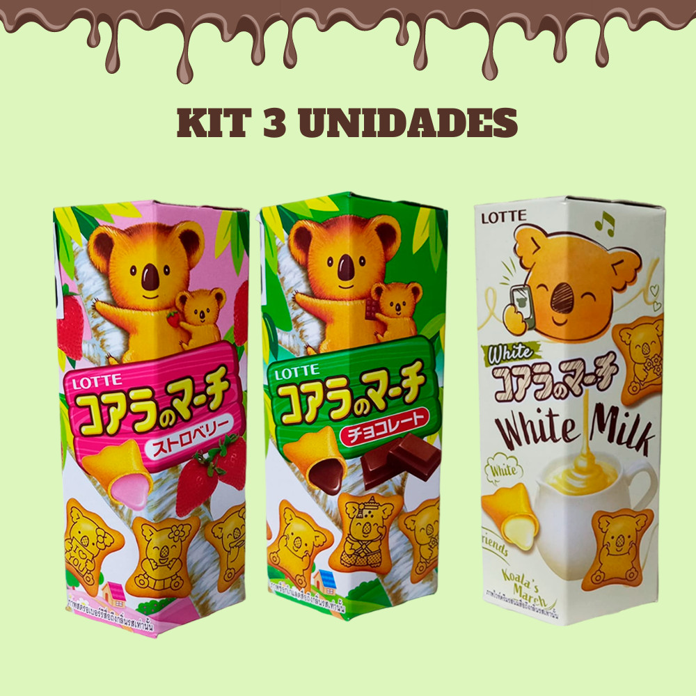 KIT 3 BISCOITOS KOALA MARCH LOTTE 37G CHOCOLATE MORANGO E CREME DE LEITE 37Gx3 | Shopee Brasil