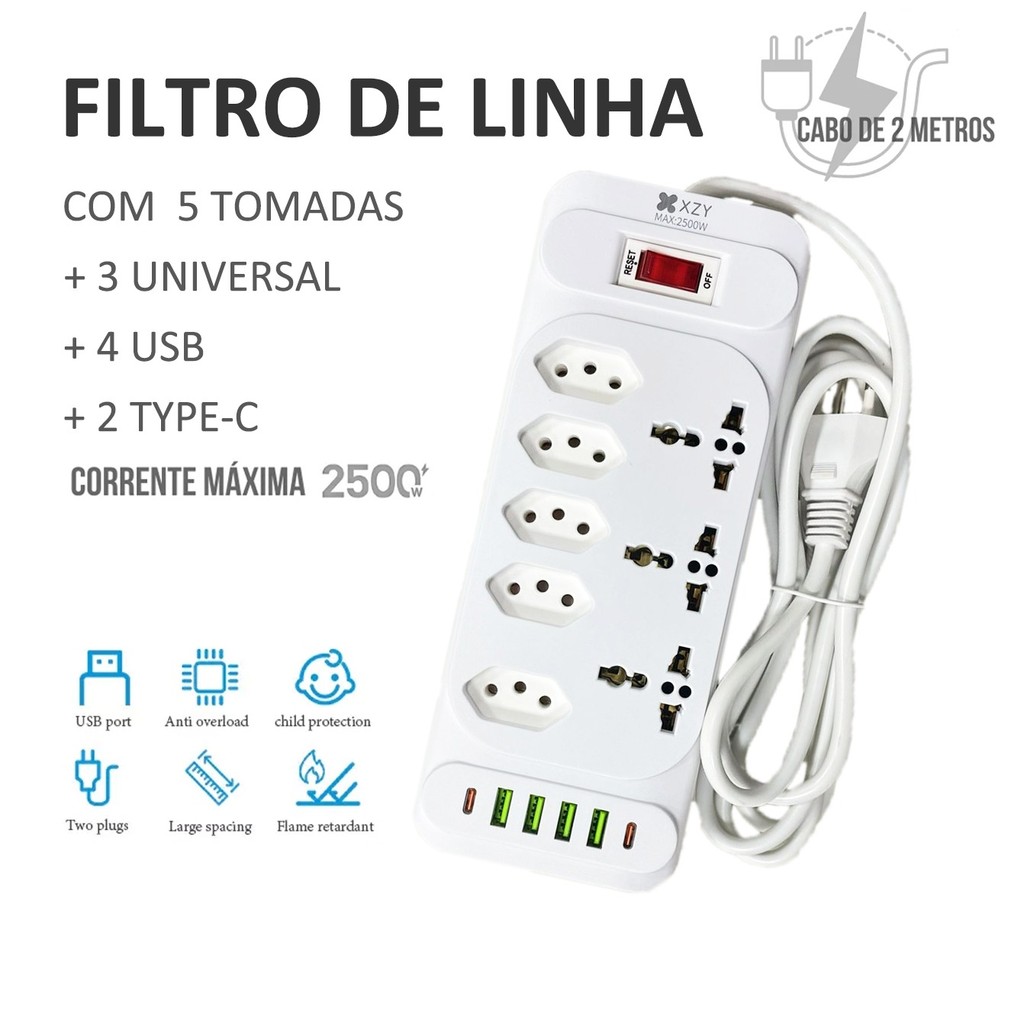 Régua Filtro de Linha com 7 Tomadas Extensão Elétrica 3 Universal 4 U 2 Type c Bivolt 10A 110V ...