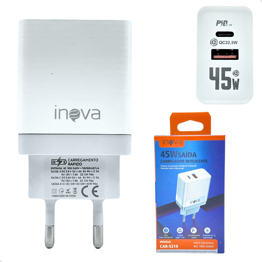 Fonte Turbo 45w Carga Rápida Turbo Compatível com Iphone Android Entrada Usb Tipo C | Shopee Brasil