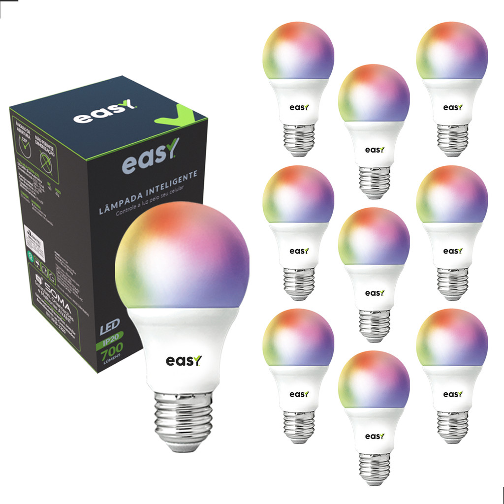 Kit 10 Lâmpadas Led Smart RGB Colorida Bivolt E27 - Easy | Shopee Brasil