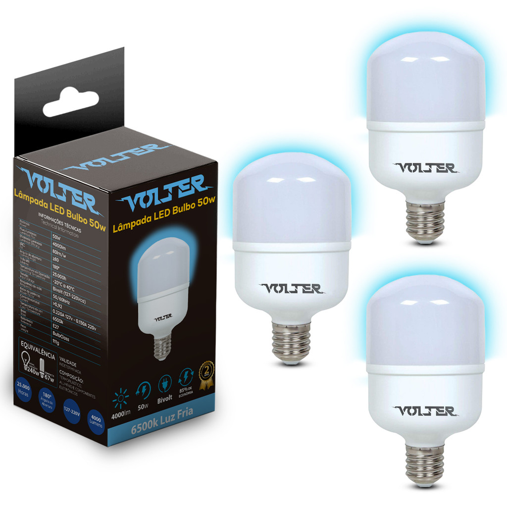 Kit 3 Lâmpadas Led Bulbo 50w 6500k Volter Alta Potência Cor Da Luz ...