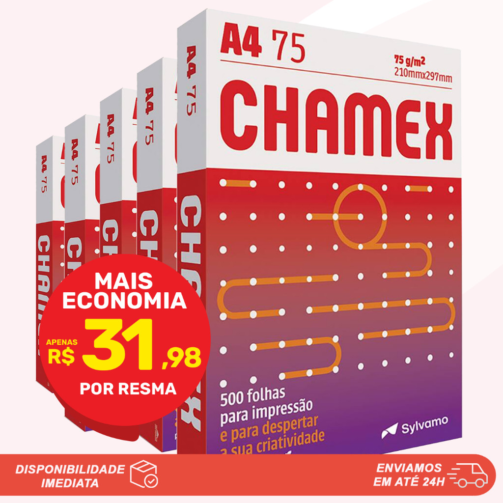 Kit 5 Resmas Papel sulfite A4 75g 210mmx297mm Chamex Impressora Folha A4 2500 unidades | Shopee ...