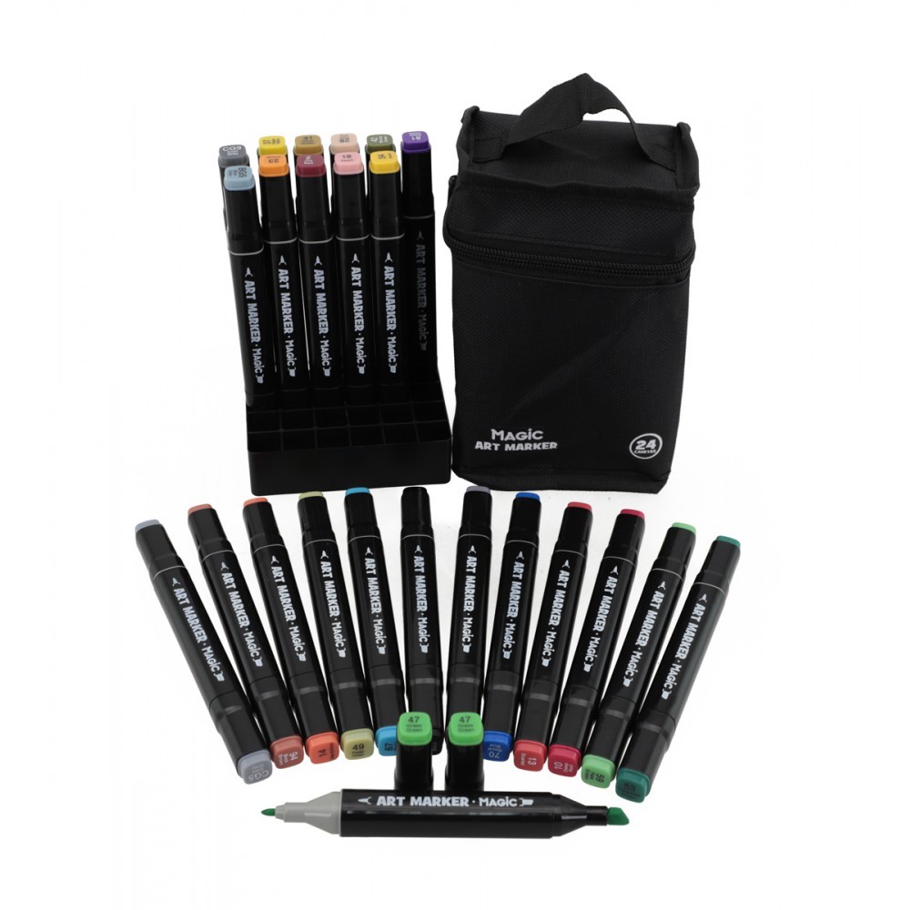 Kit Art Marker 24 Cores - Canetas Marcadoras Ponta Dupla Com Estojo ...