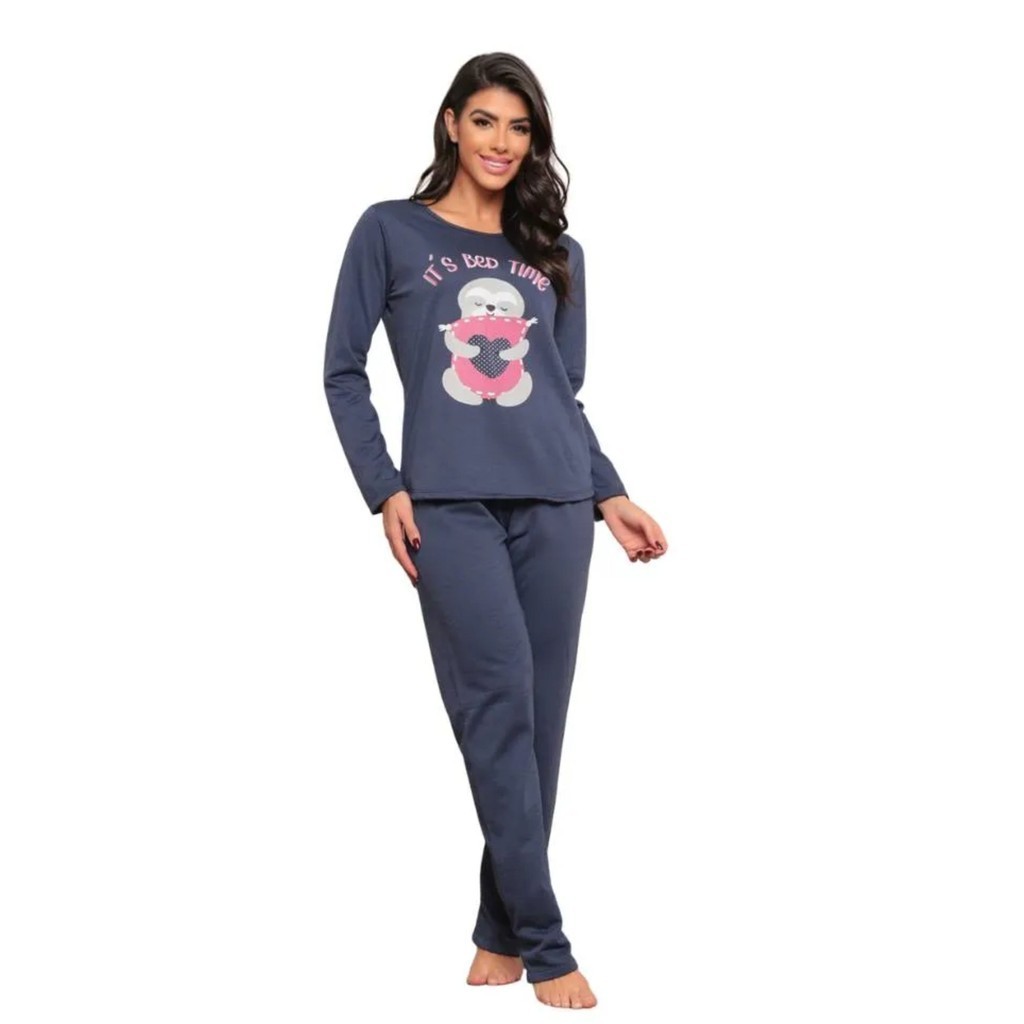 Pijama Longo Feminino Moletinho Basic Bed Time - Luna Cuore | Shopee Brasil