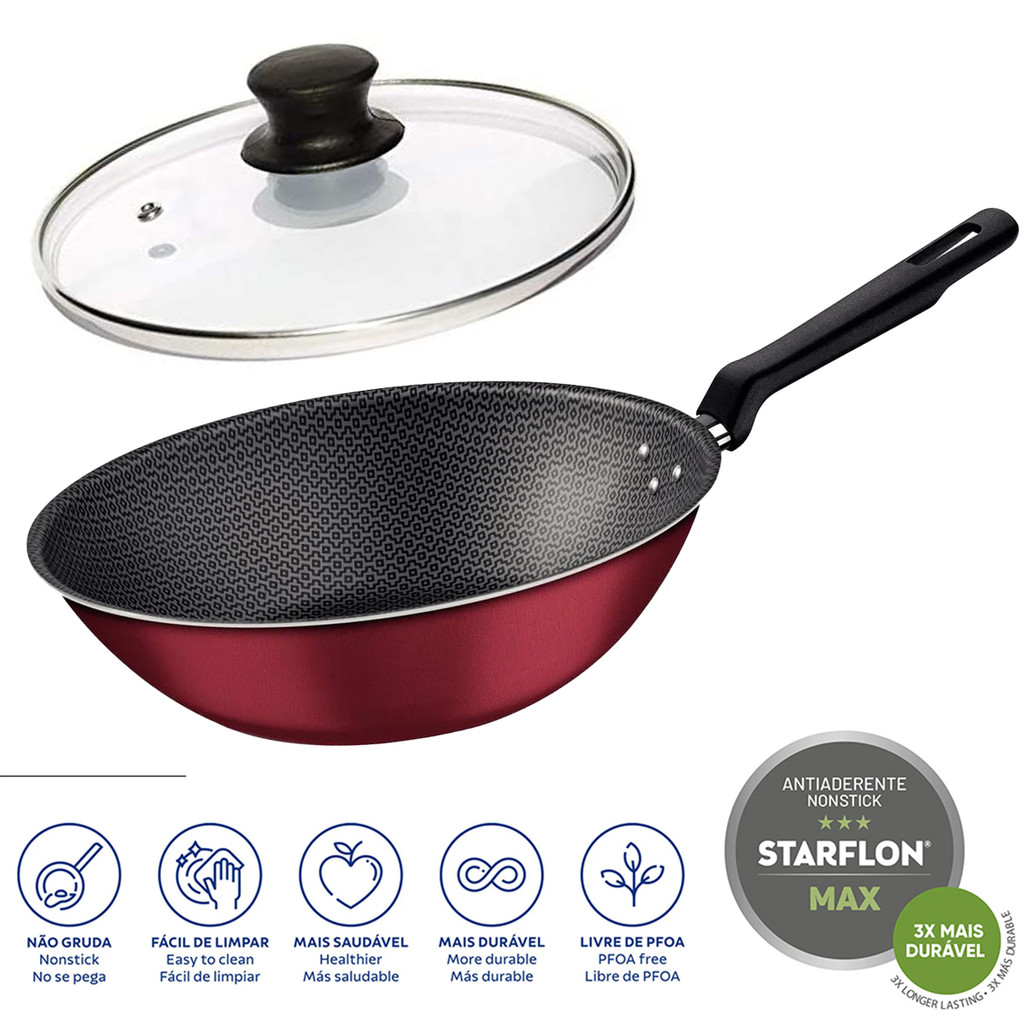 Frigideira Tramontina Wok Funda Antiaderente 28Cm 3,6L Loreto Tampa Opcional Vermelha Interno ...