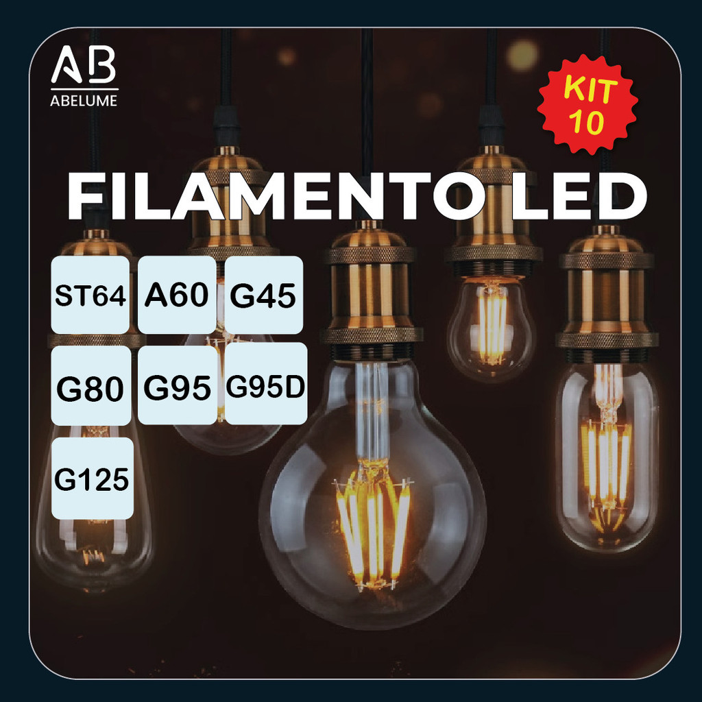 Kit 10 Lâmpada Filamento LED E27 Luz Quente 4W Âmbar Retrô Vintage Bivolt | G45 | A60 | ST64 ...
