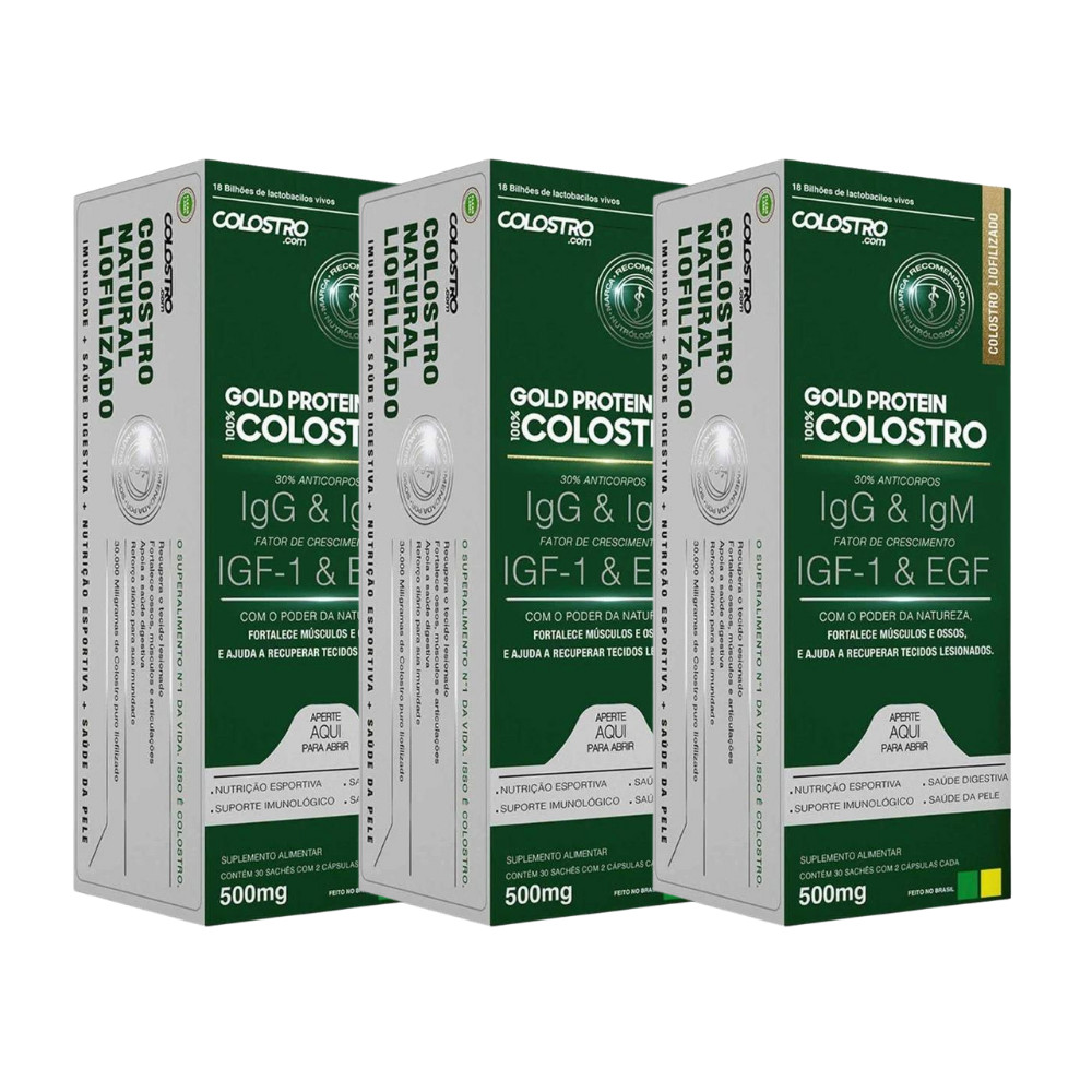 Kit 3x Colostro Gold Protein Suplemento Alimentar 500mg - 30 Sachês com ...