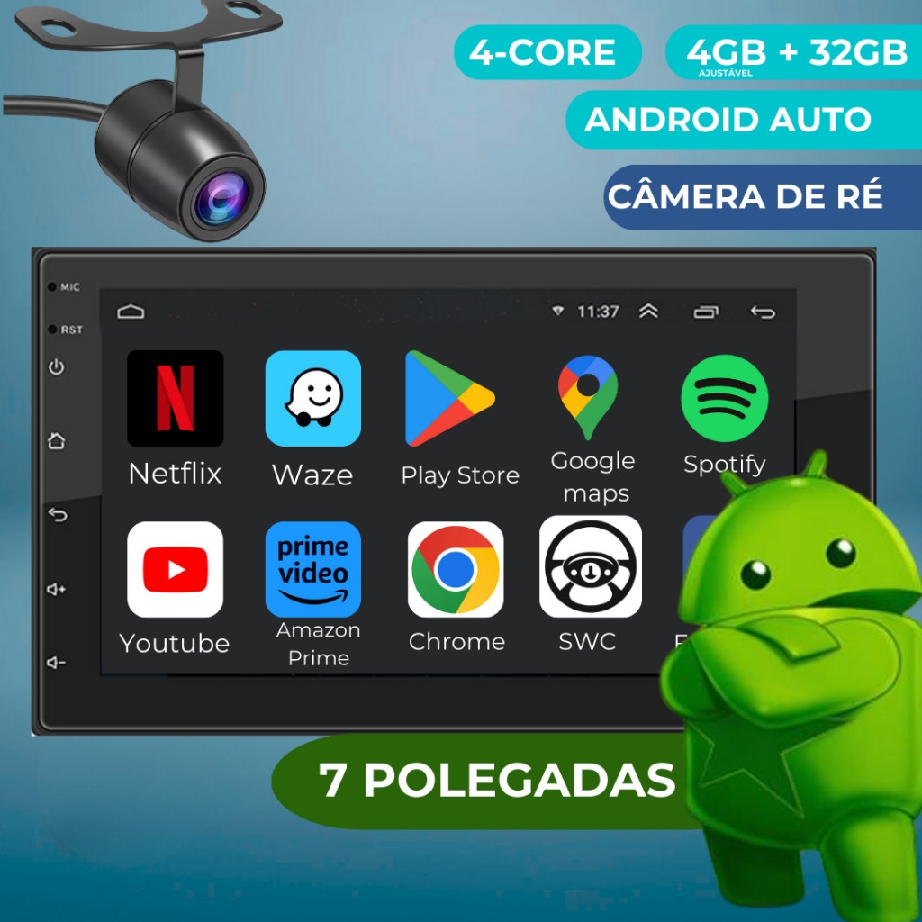 Central Multimidia Android 7 Pol 2 Din Espelhamento Wifi Bluetooth GPS carplay Auto 2+32 ou 4gb ...