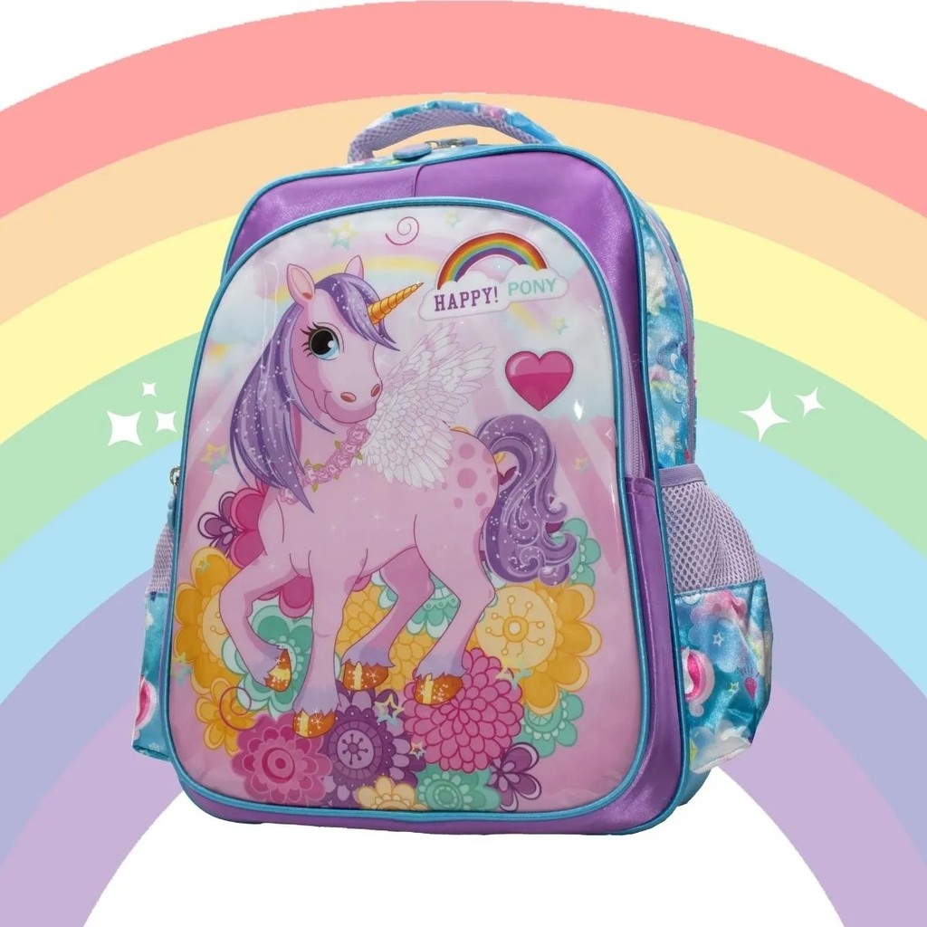 MOCHILA ESCOLAR INFANTIL HAPPY PONY MENINAS COR AZUL | Shopee Brasil