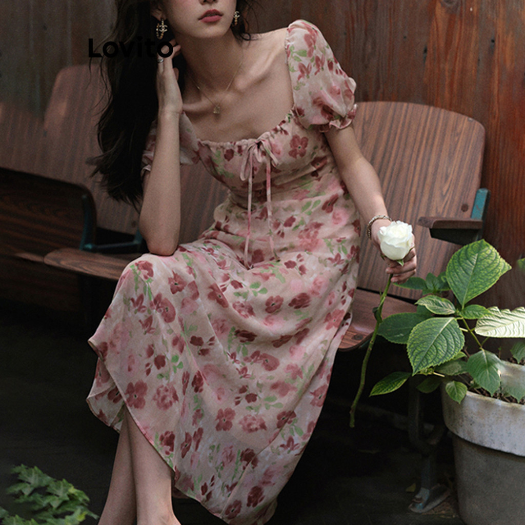 Lovito Vestido Ditsy Floral Flowers Com Renda E Franzido Para Mulheres