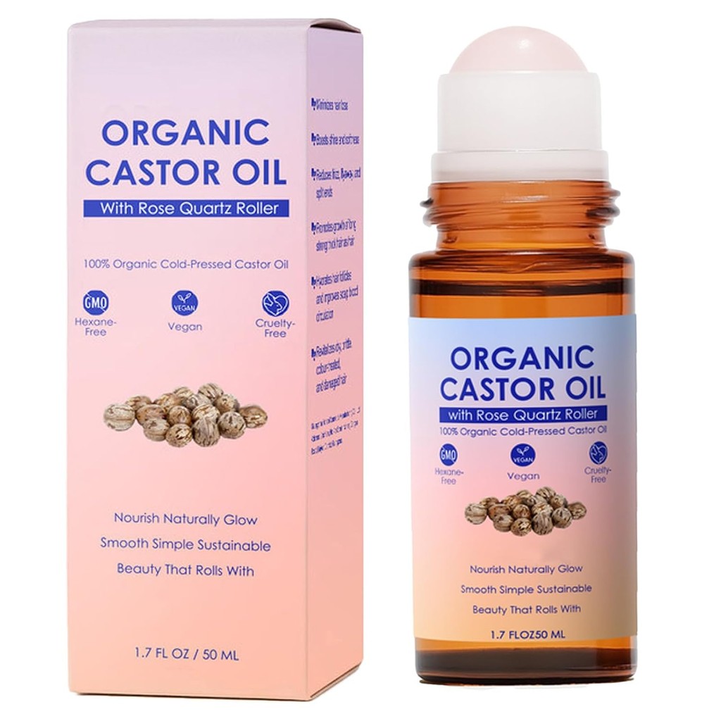 Organic Golden Castor Oil Roll-On with Rose Quartz Roller, Cold-Pressed ...
