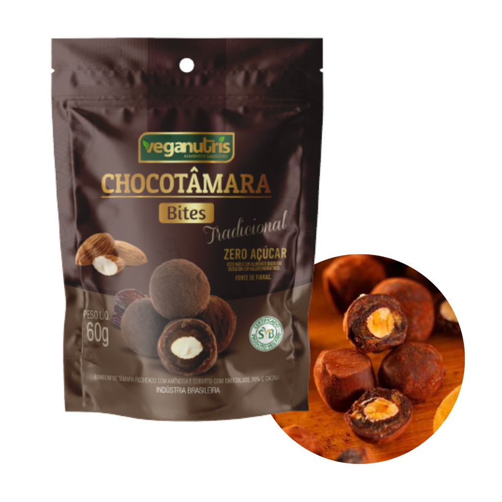 BOMBOM VEGANO DE TÂMARA COM AMÊNCOA E CHOCOLATE 70% CHOCOTÂMARA BITES ...