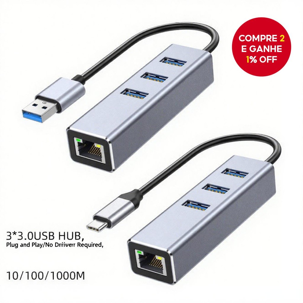 Porta USB HUB 3.0 Para RJ45 1000Mbps Divisor De Adaptador Ethernet ...