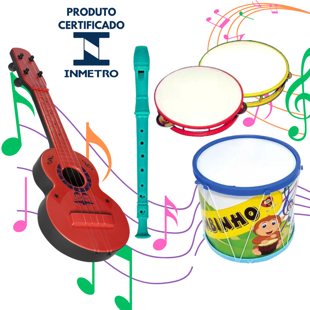 Kit Musical Brinquedos Educativo C/4 Instrumentos Bumbo Violão Pandeiro Flauta Infantil | Shopee ...