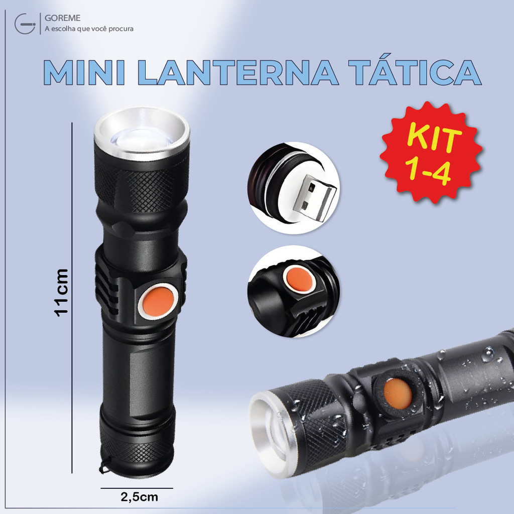 Kit 4 Mini Lanterna Tática Led USB Portátil com Zoom Recarregável Luz ...