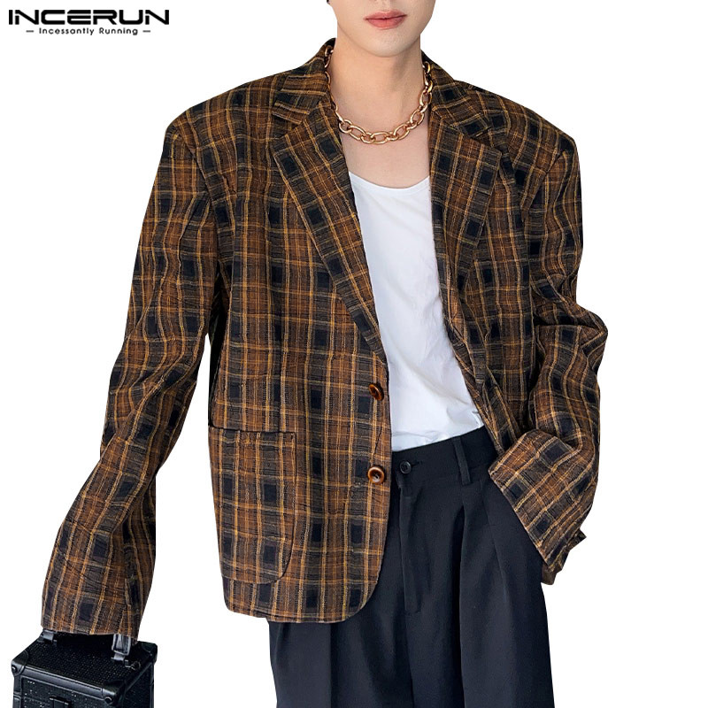 INCERUN Blazer Masculino Coreano Casual Retrô Xadrez Estampado Manga ...