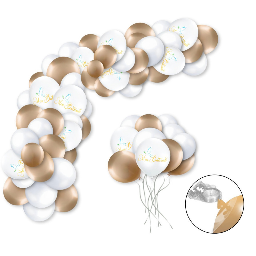 Kit Balão Bexiga Batizado Balões Bexigas Branco e Dourado Decoração ...