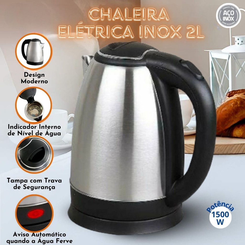 Jarra Chaleira Elétrica Inox 2L Prateada Moderna Ferve Rápido Eficiente Apito Atacama127/220V ...