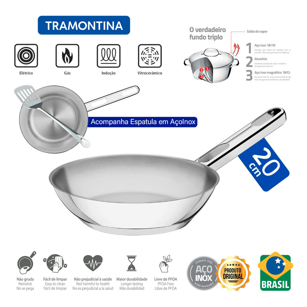 Frigideira Inox de Indução Tramontina Allegra 20cm Fundo Triplo com ...