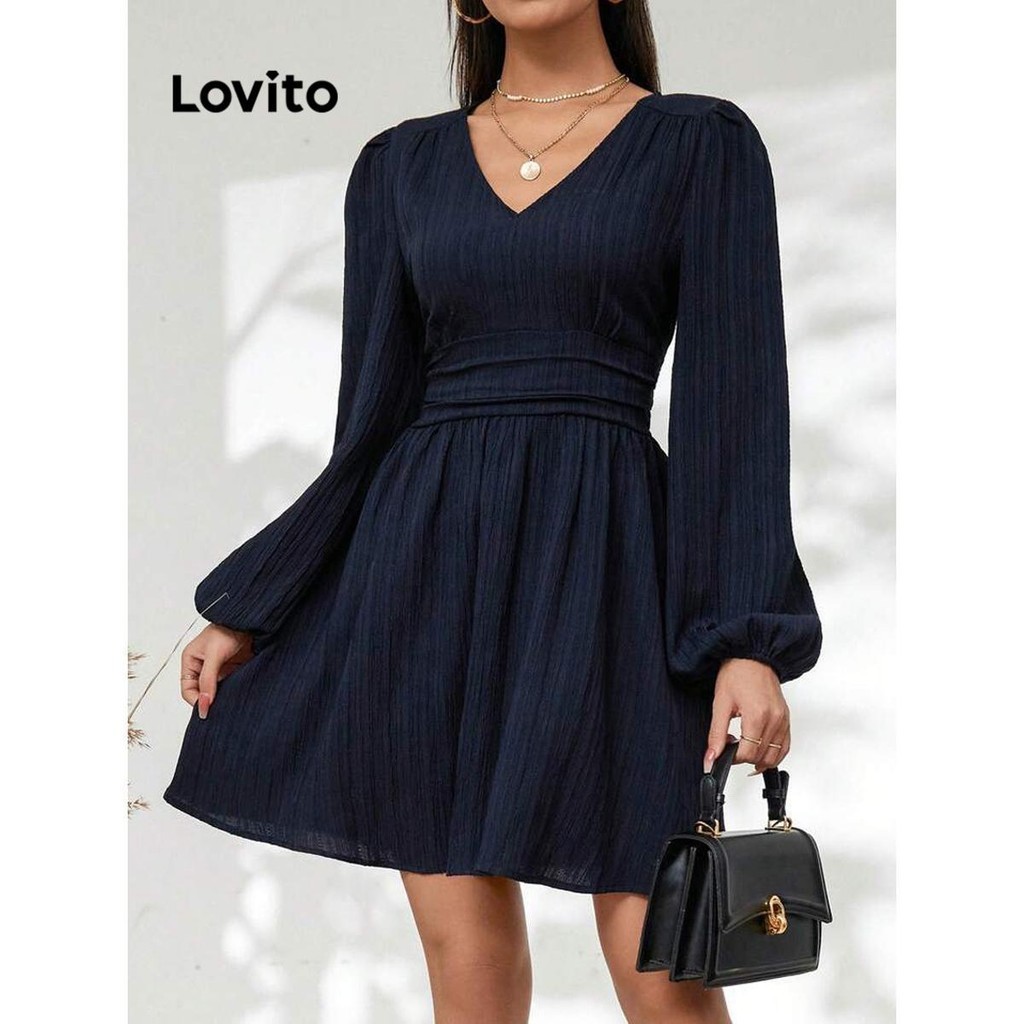 Lovito Vestido Casual Liso Com Zíper Franzido Para Mulheres Lnl60071