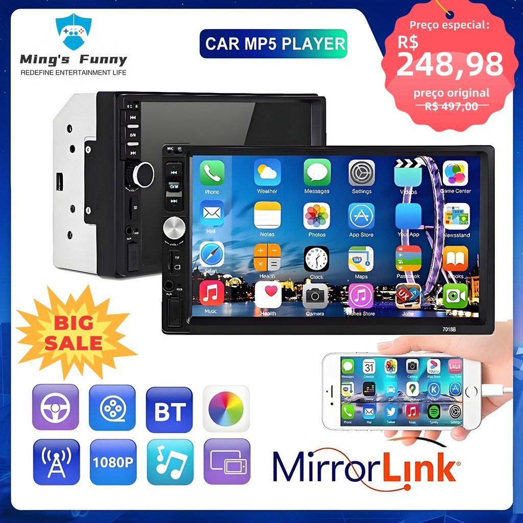 Central Multimídia MP5 Automotiva 2Din Bluetooth USB/TF 7 Polegadas Com ...