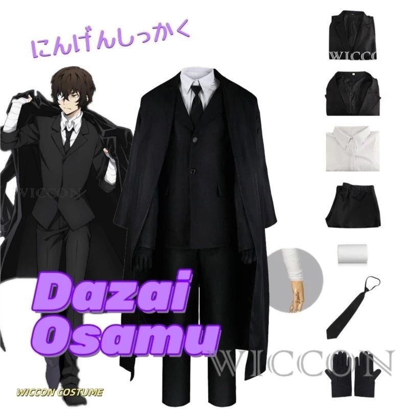 Dazai Cosplay Costume Black Trench Jacket Pants Luvas Atadura Osamu ...