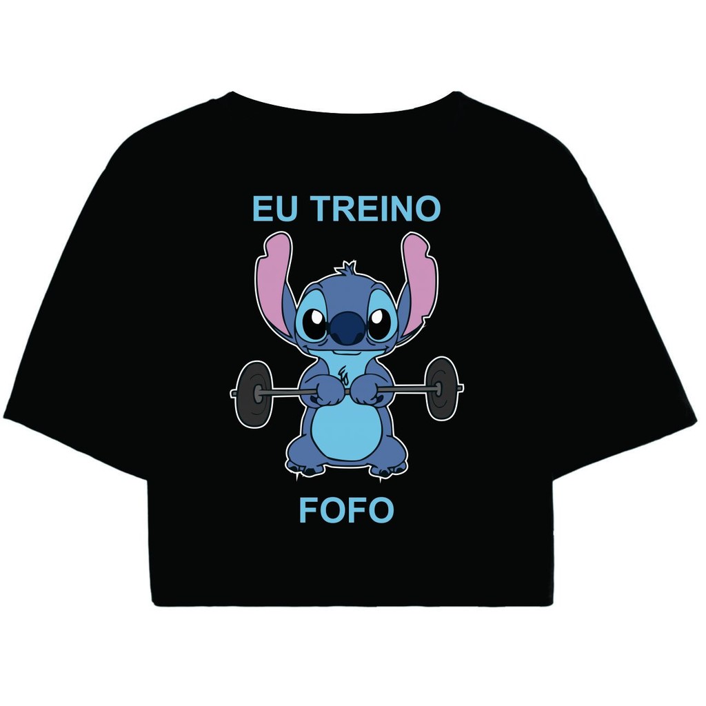 Cropped Feminino Preto Stitch eu treino fofo academia fitness ...