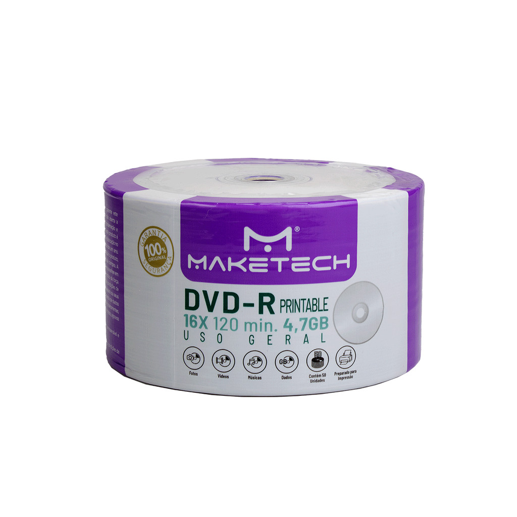 DVD-R 16X 4.7GB 120Min Inkjet White Printable - 50 Unidades - Maketech | Shopee Brasil