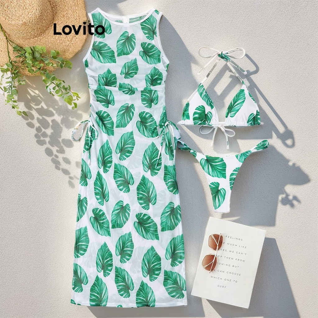 Lovito Sexy Conjunto De Biquíni Feminino Com Estampa De Plantas Cordão