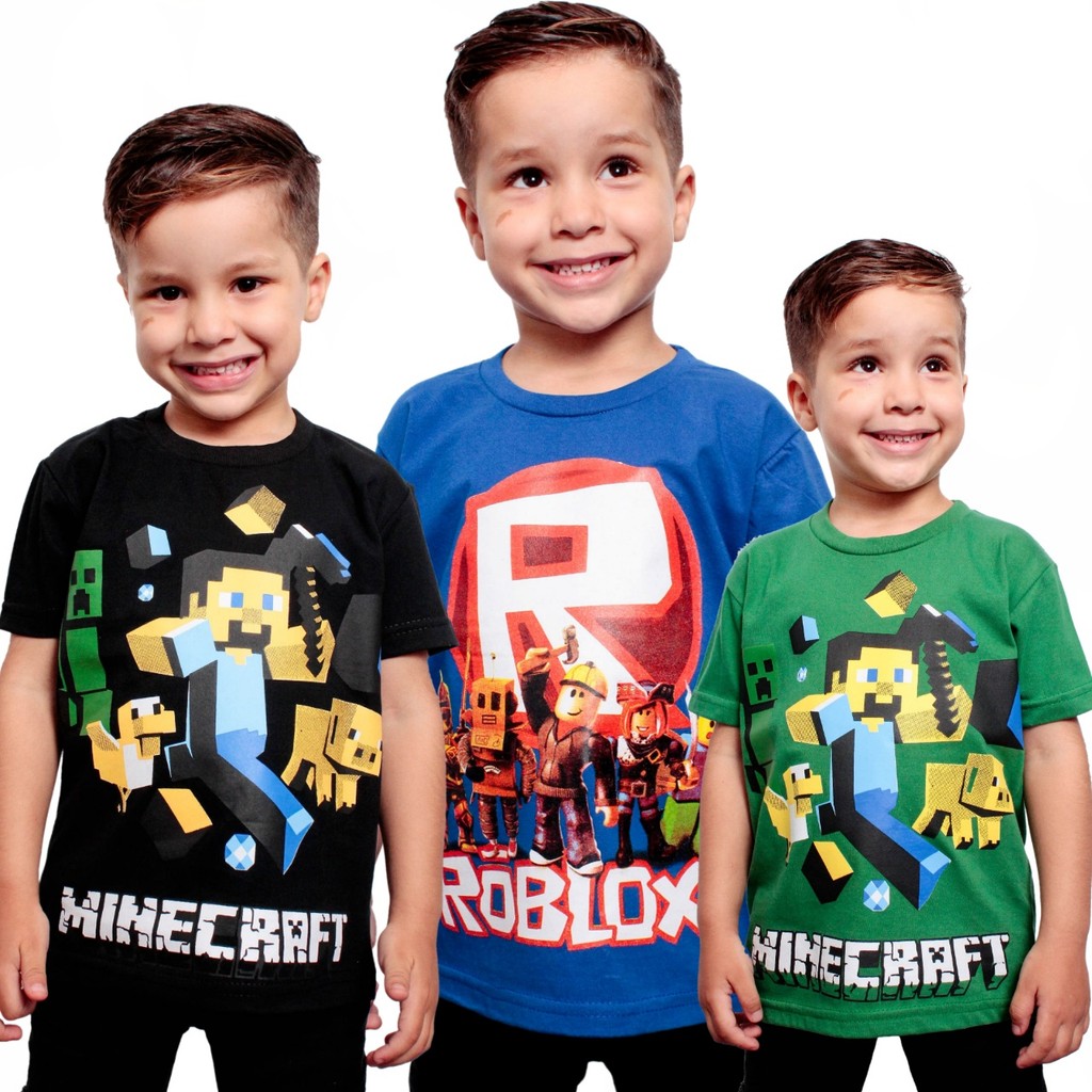 Kit Combo 3 Camisetas Personagem Infantil Minecraft Roblox Manga Curta ...
