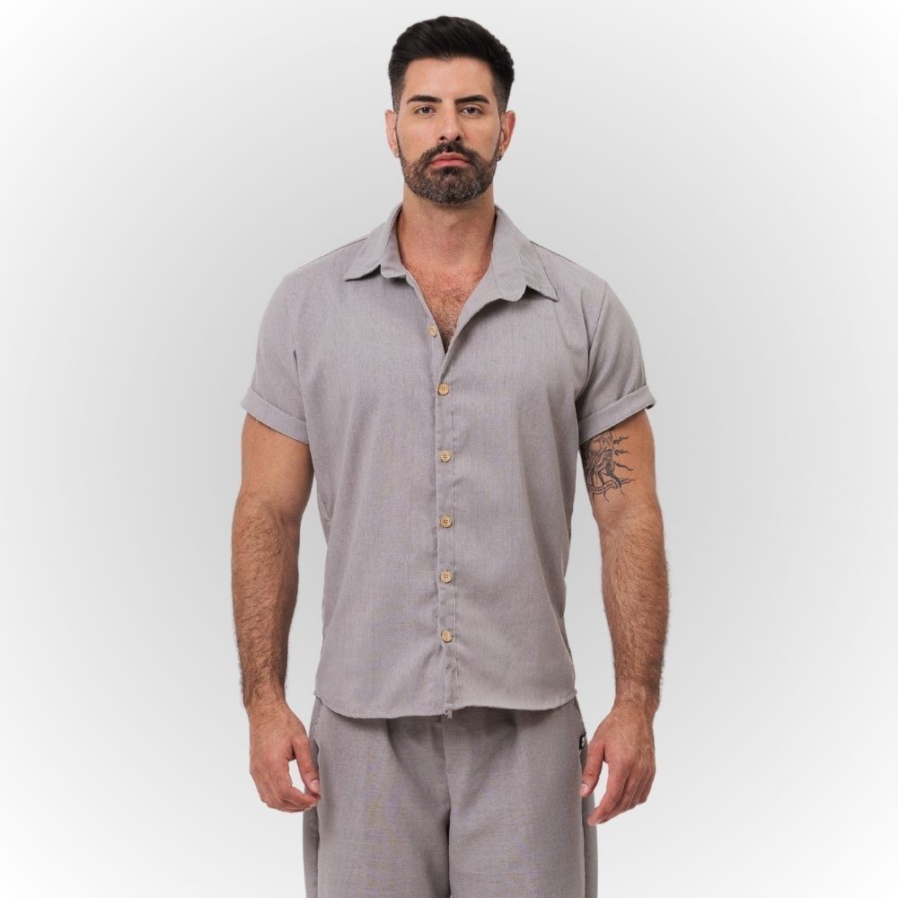 Camisa Masculina Linho Cinza - Linha Exclusiva | Shopee Brasil
