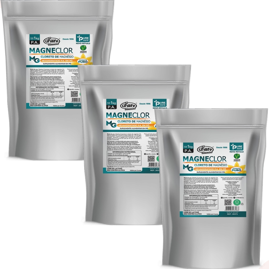 KIT 3 - CLORETO DE MAGNESIO P.A. SACHE METALIZADO 1KG | Shopee Brasil